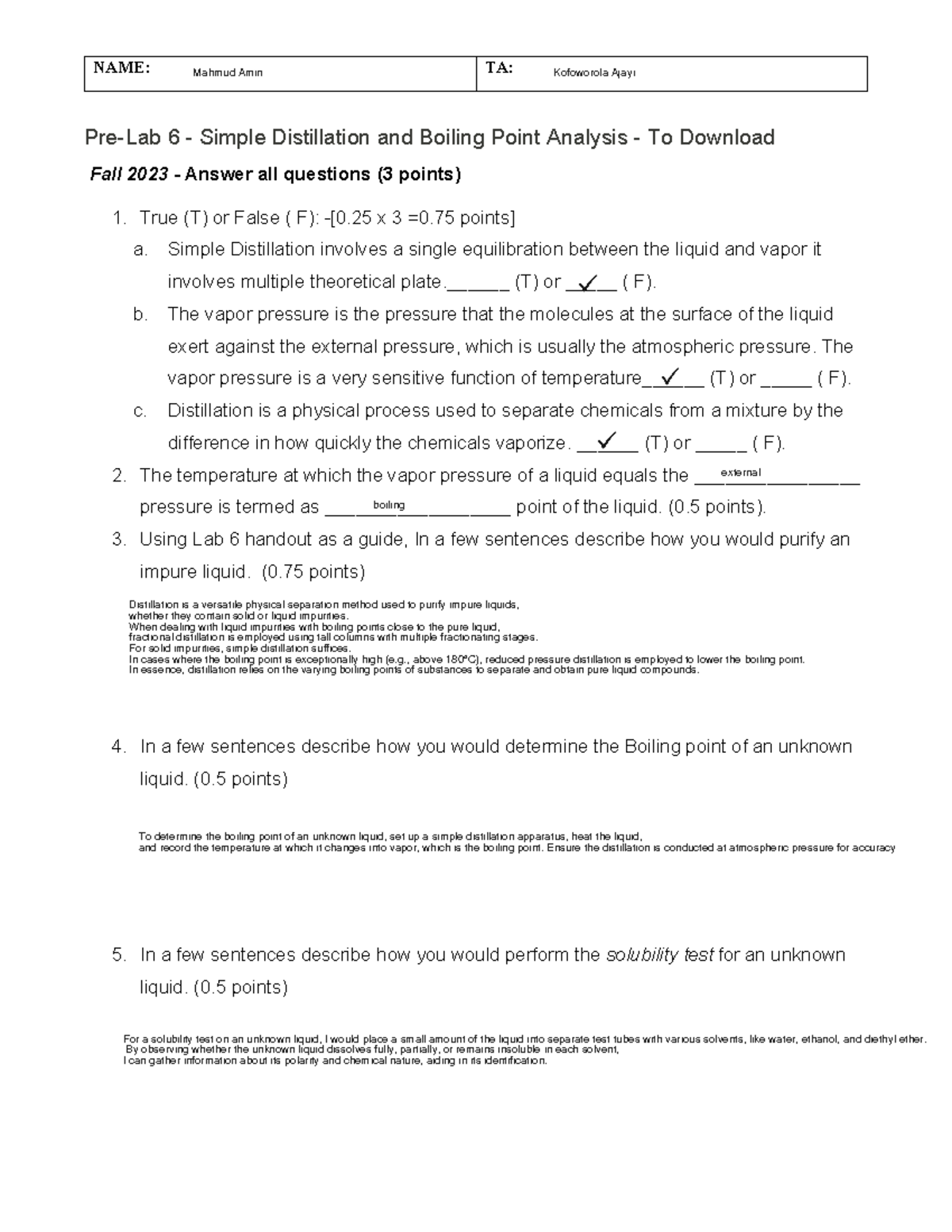 Pre Lab Organic Chemistry 5 - NAME: TA: Pre-Lab 6 - Simple Distillation and Boiling Point ...