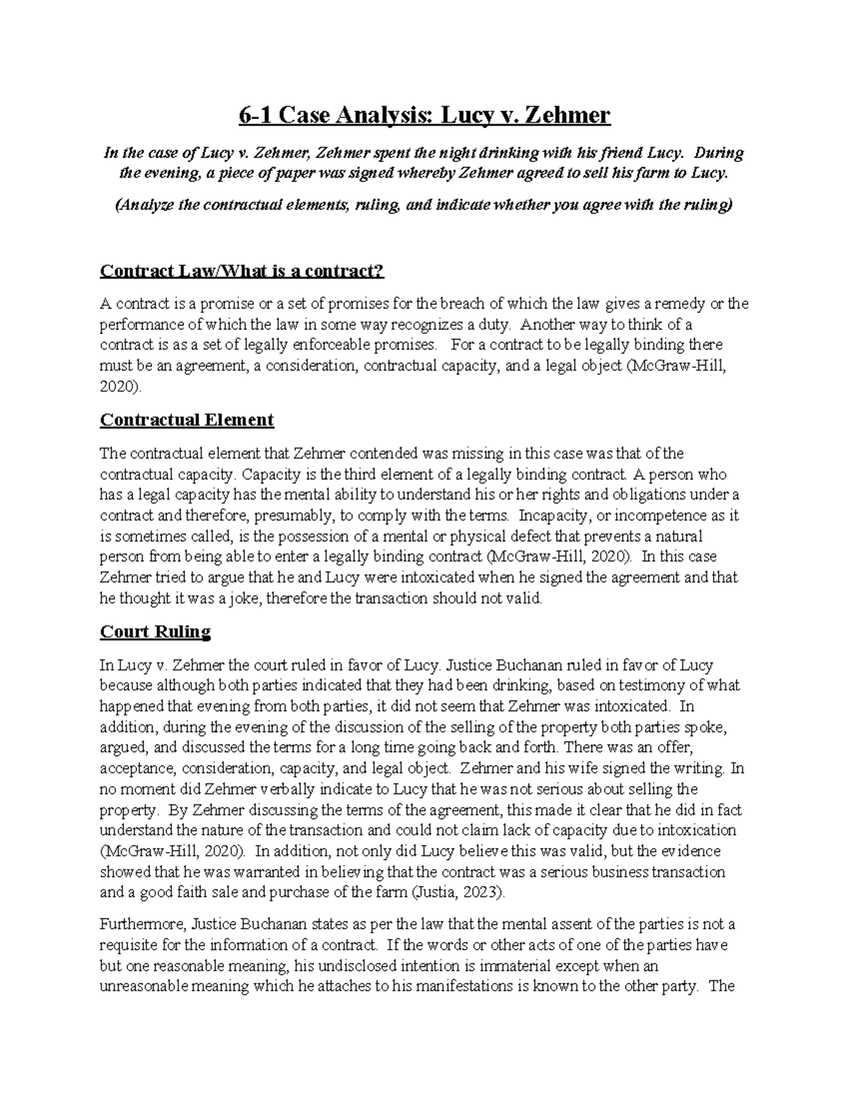 6-1 Case Analysis of Lucy v. Zehmer: Contractual Elements & Ruling - Studocu