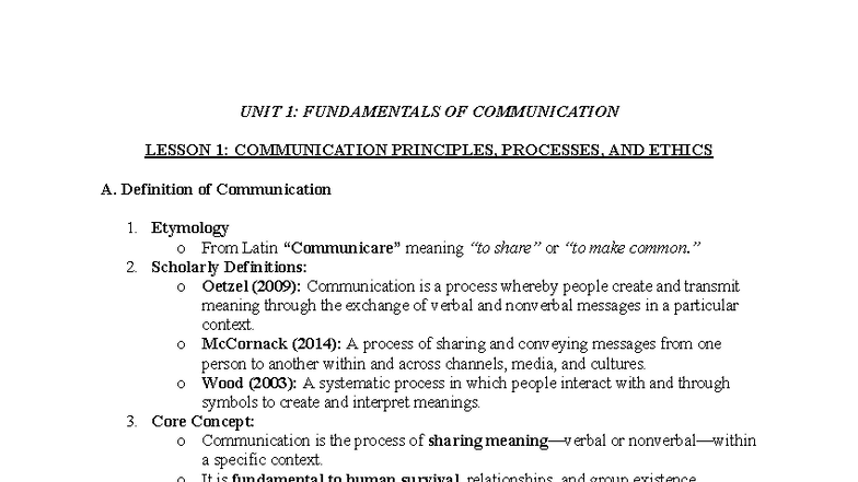 UNIT 1: FUNDAMENTALS OF COMMUNICATION - LESSON 1 OVERVIEW - Studocu