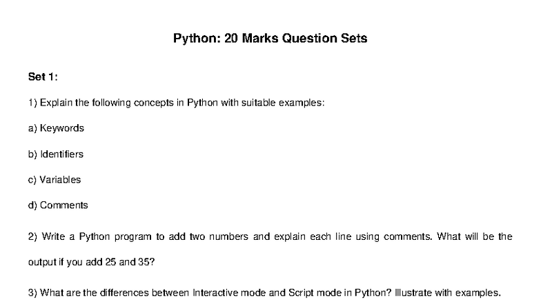 Python 20 Marks Question Set 1: Key Concepts & Examples - Studocu
