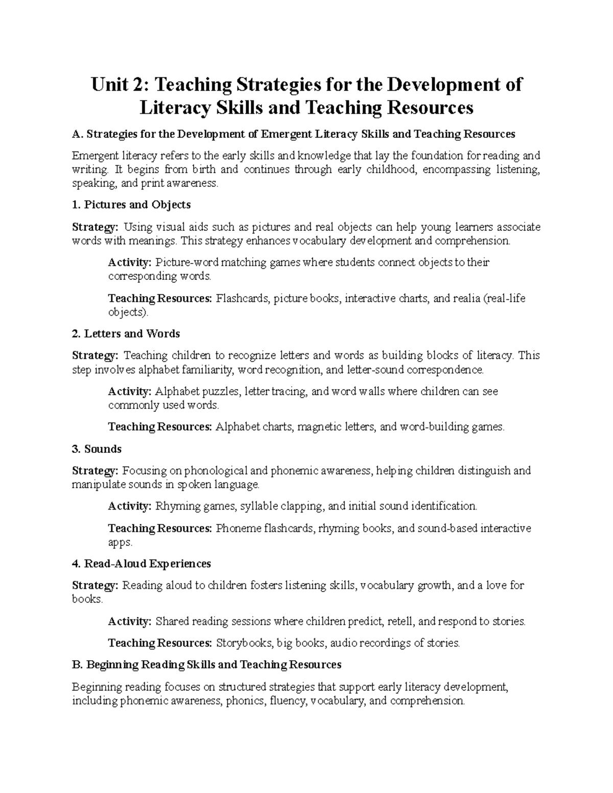 Unit 2: Teaching Strategies for Literacy Skills Development - Studocu