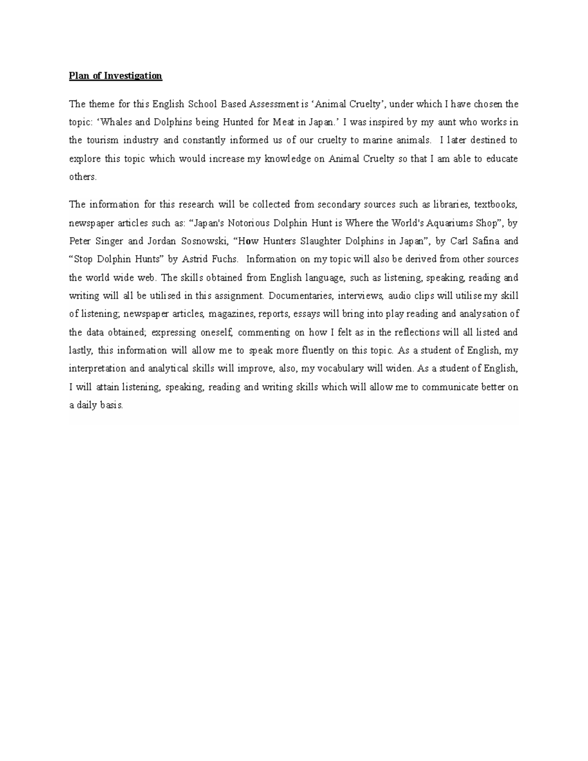 Investigation Plan on Animal Cruelty - English SBA - Studocu