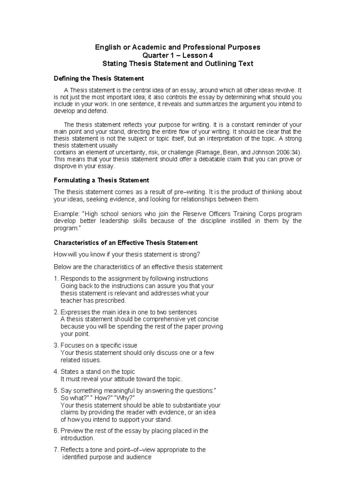 Lesson 4: Crafting Effective Thesis Statements & Outlines - Studocu