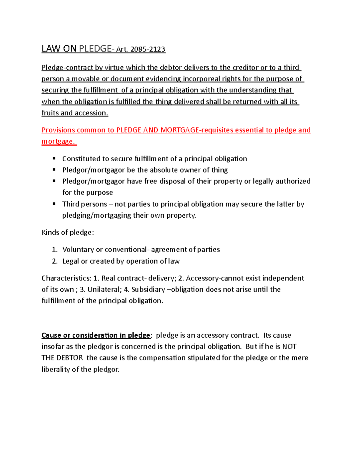 LAW 101 - Pledge Notes: Essential Concepts and Provisions - Studocu