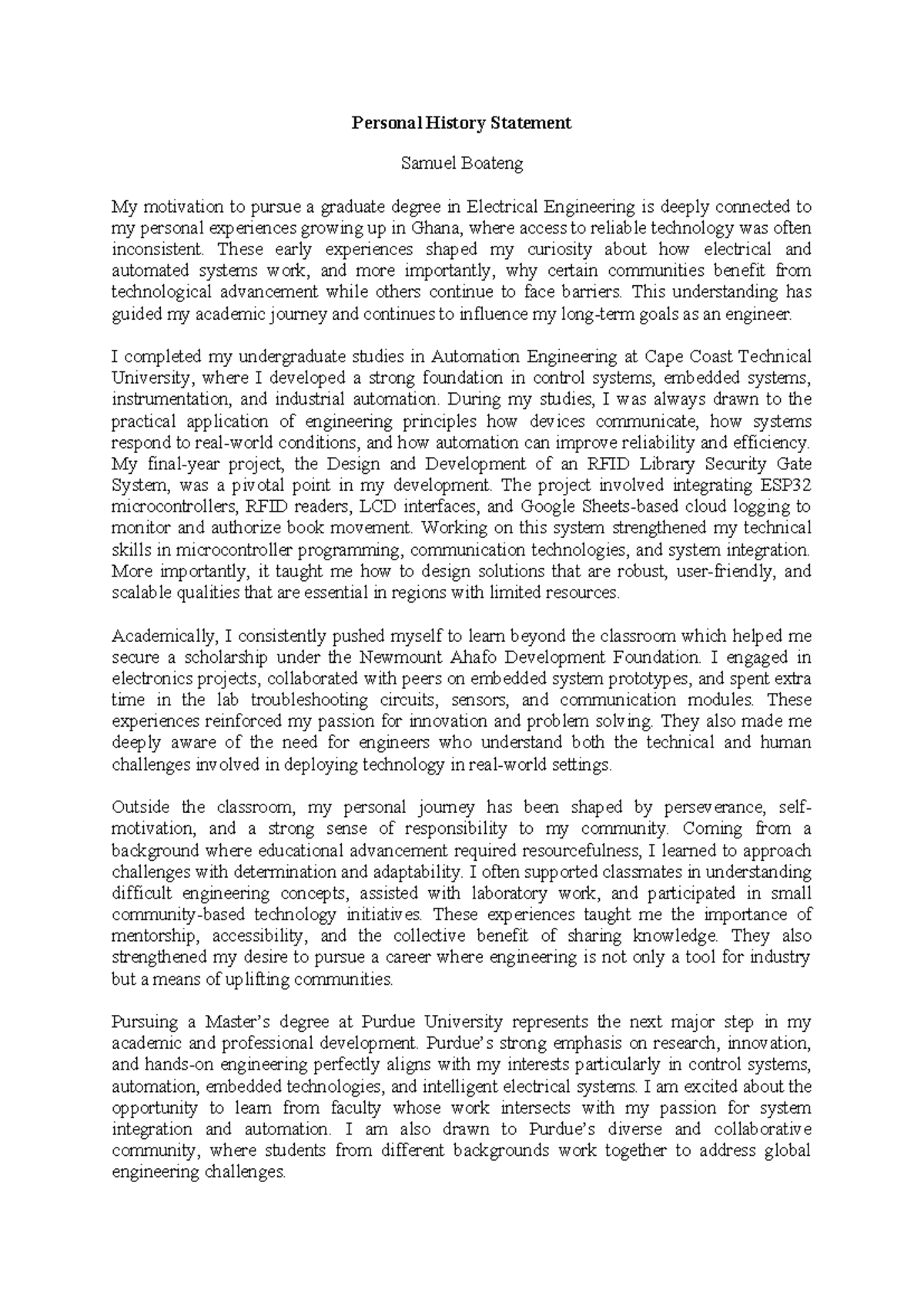 Personal History Statement: Pursuing Electrical Engineering at Purdue ...