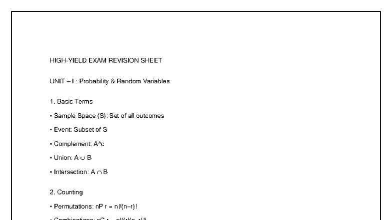 MATH 101: Final Exam Revision Sheet on Probability & Random Variables ...