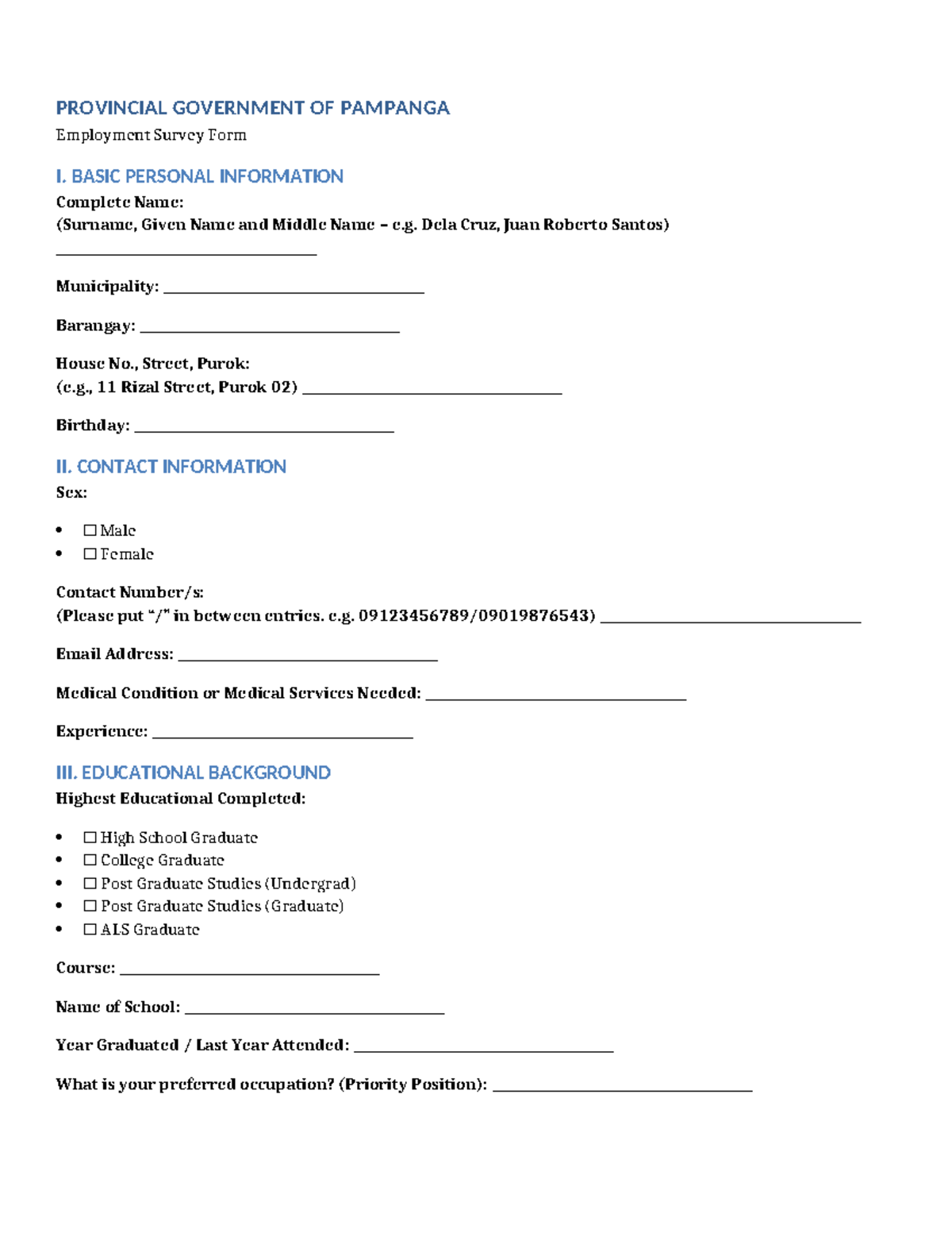 Employment Survey Form - PROVINCIAL GOVERNMENT OF PAMPANGA Employment ...