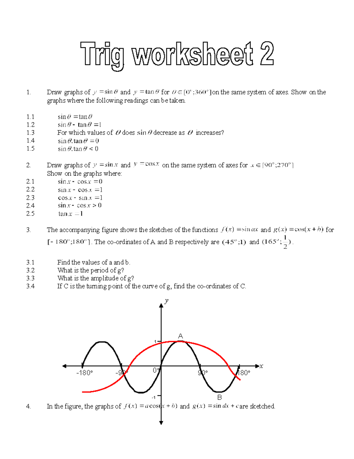 Trig Graphs Worksheet 2: Analyzing Functions and Values - Studocu