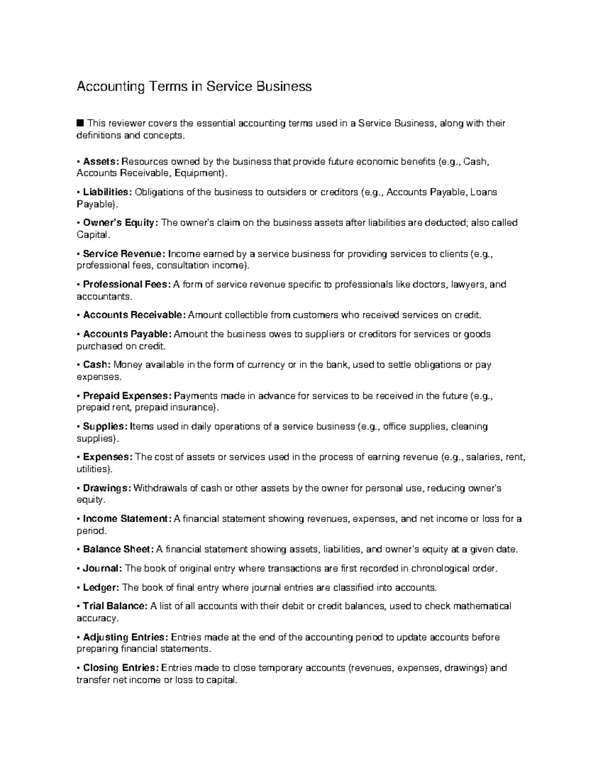 Accounting Terms for Service Business: Key Concepts Explained - Studocu