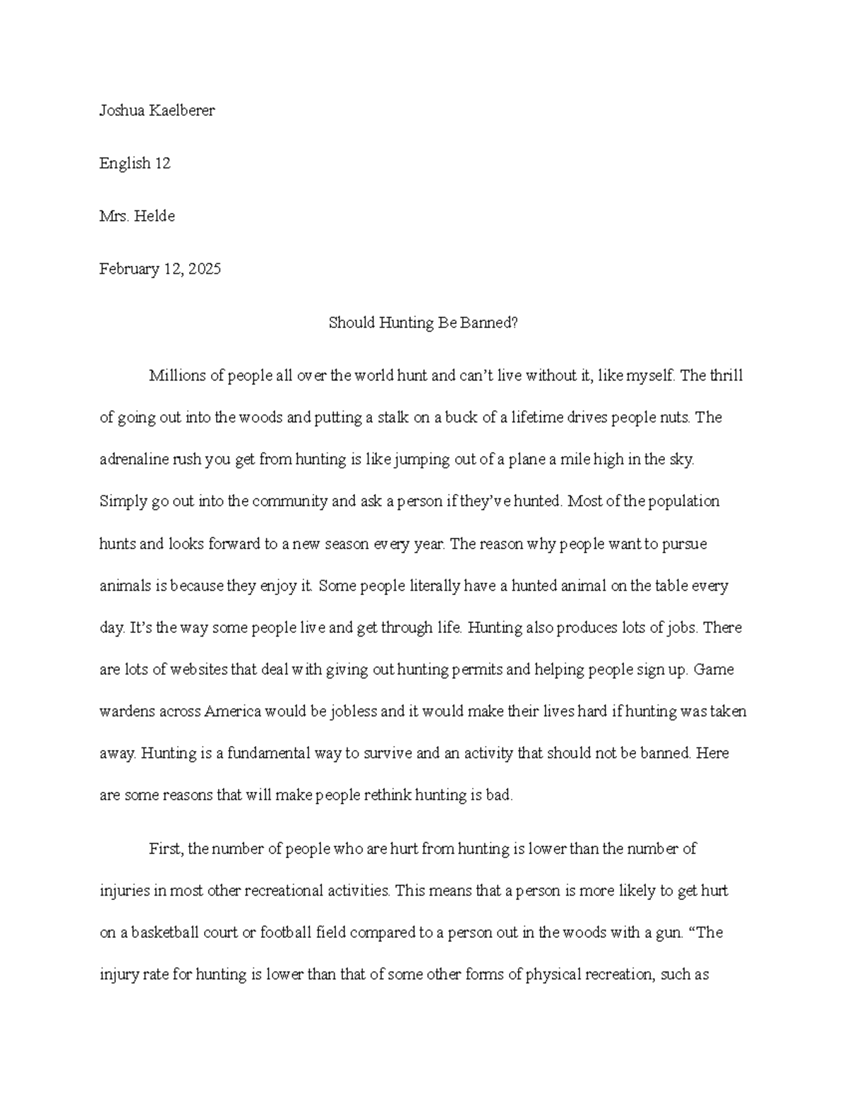English 12 Persuasive Essay: Should Hunting Be Banned? - Studocu