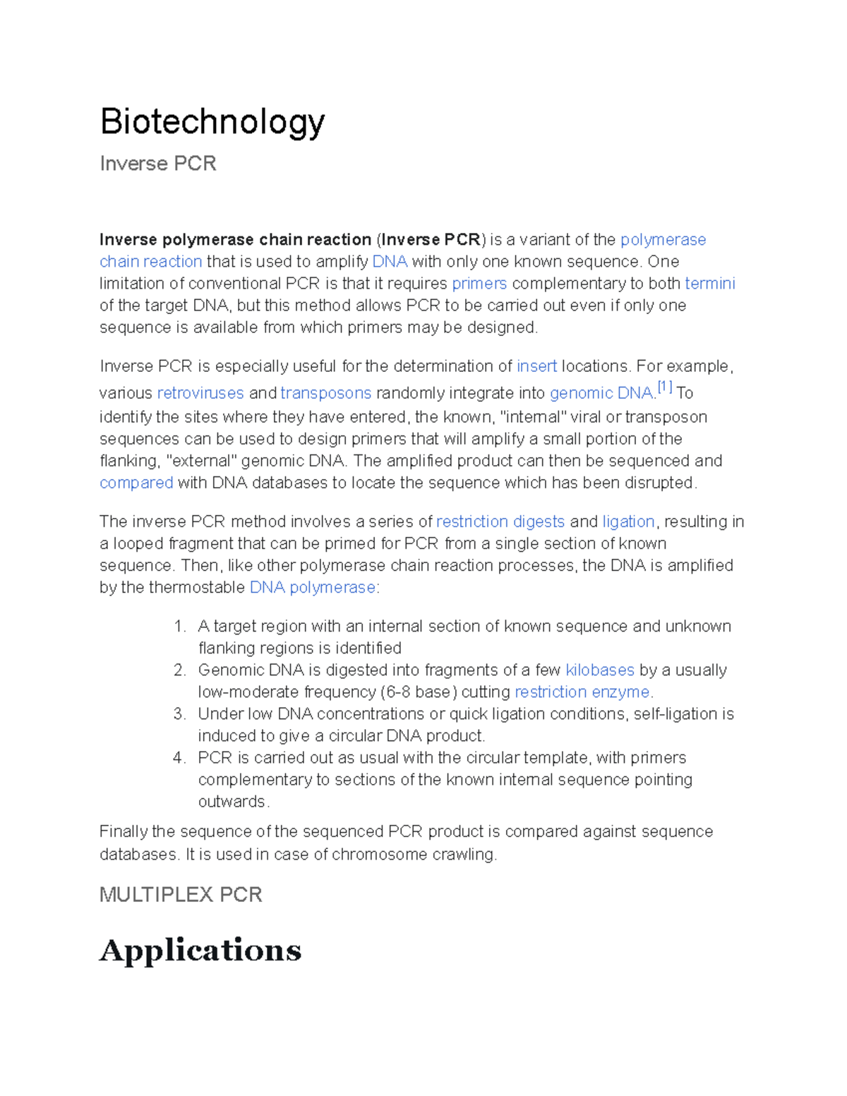 Biotechnology 1: Inverse PCR and Its Applications in DNA Amplification ...