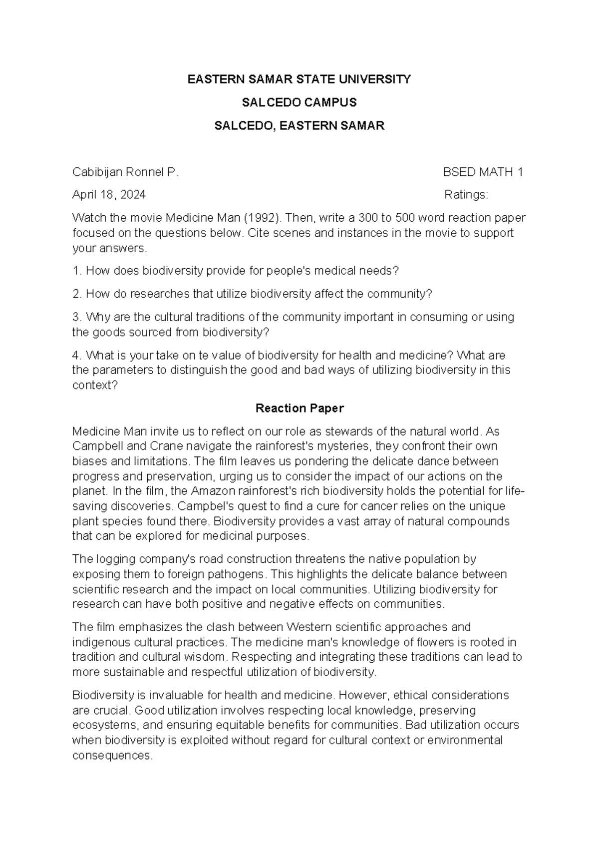 BSED MATH 1: Reaction Paper on Medicine Man and Biodiversity Insights ...