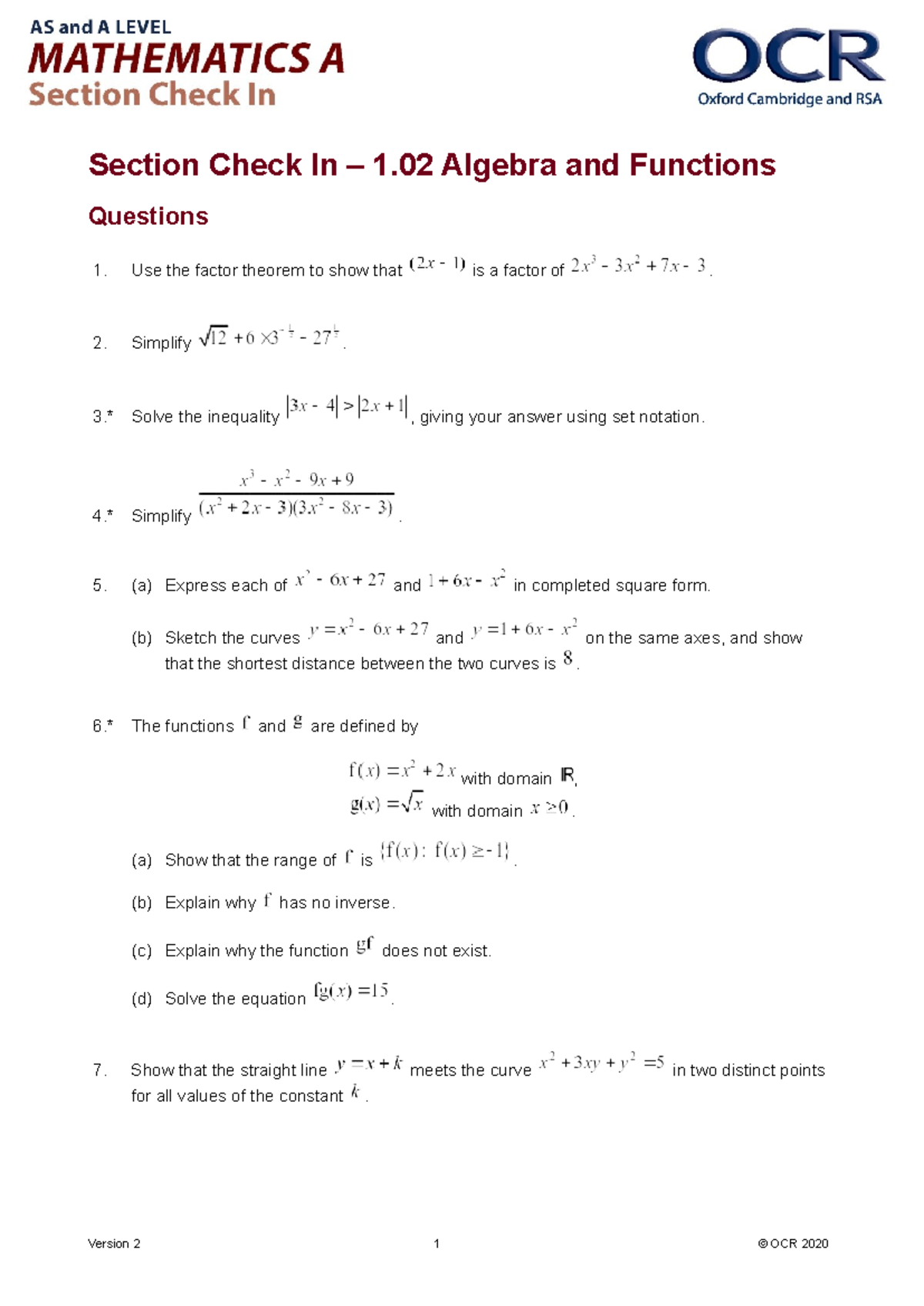 Algebra & Functions Check-In 1.02 Questions and Solutions - OCR 2020 ...
