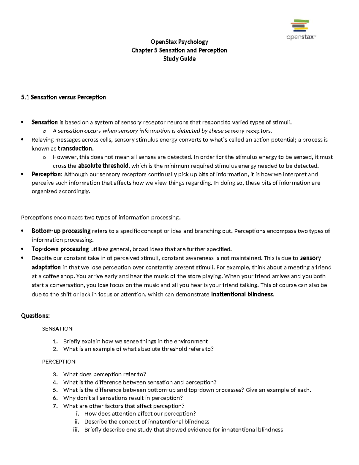 OpenStax Psychology 2e Chapter 5 Study Guide: Sensation & Perception ...
