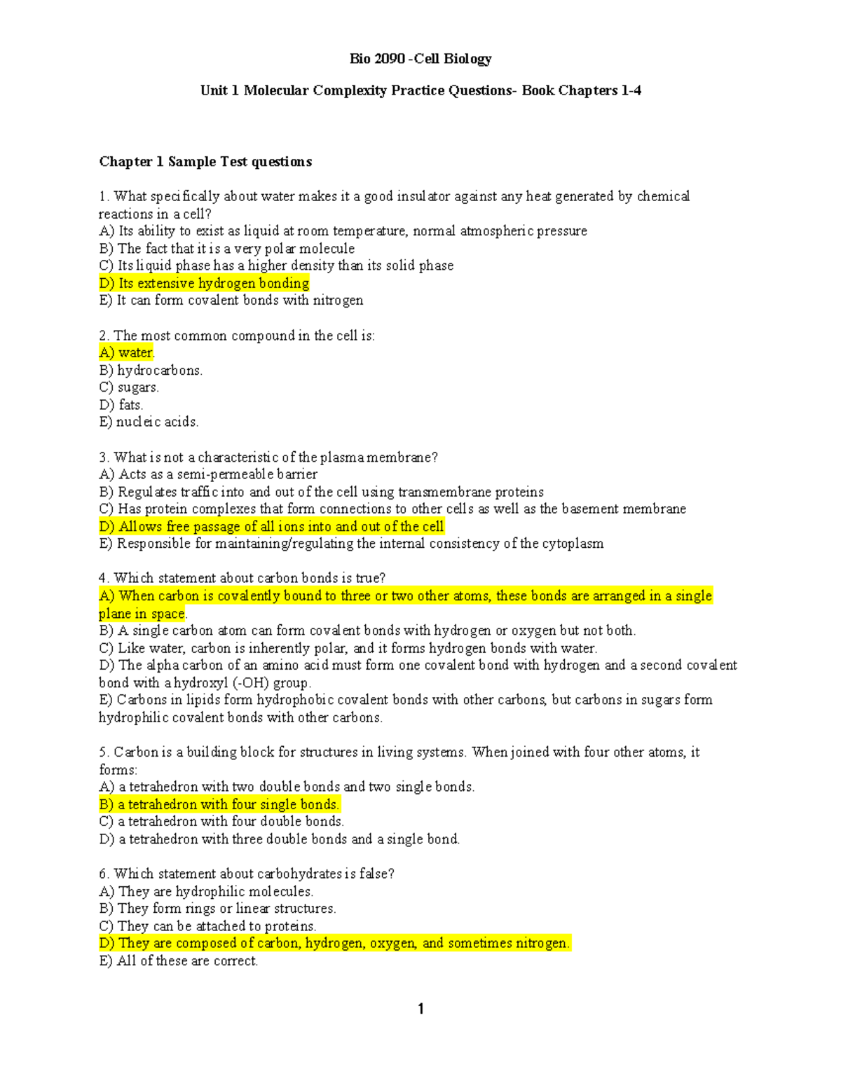 Bio 2090 - Cell Biology Unit 1: Molecular Complexity Practice Questions ...