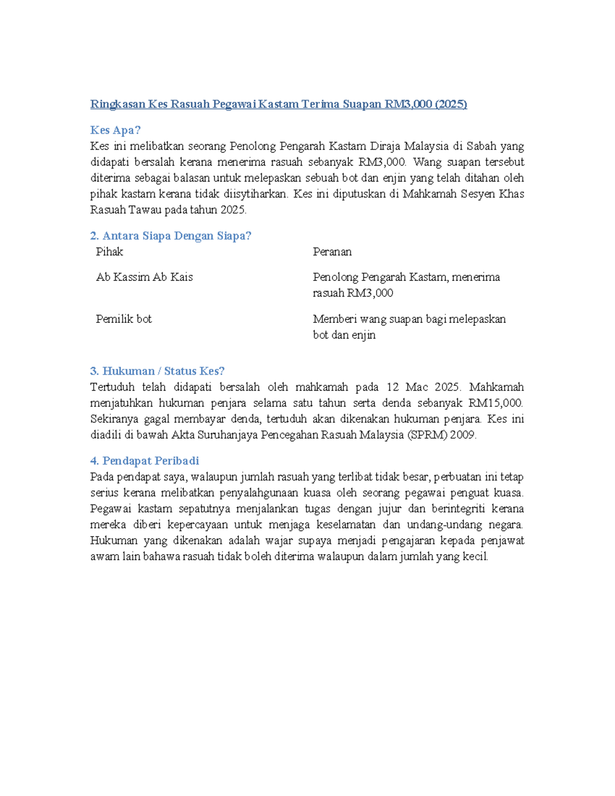Ringkasan Kes Rasuah Pegawai Kastam RM3,000 (2025) dan Hukuman - Studocu
