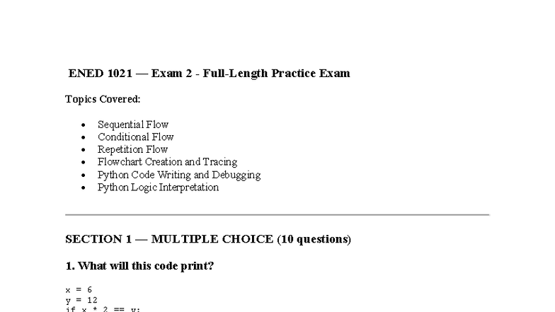 ENED 1021 Python Practice Exam: Topics & Questions Overview - Studocu