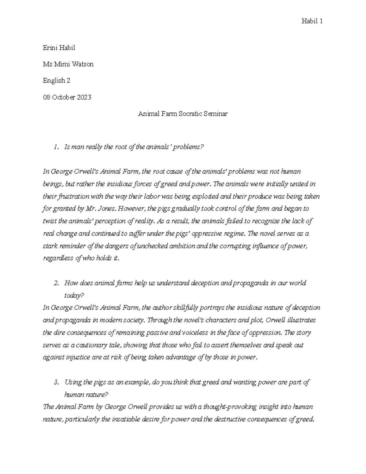 Animal Farm Socratic Seminar - Habil 1 Erini Habil Ms Mimi Watson ...