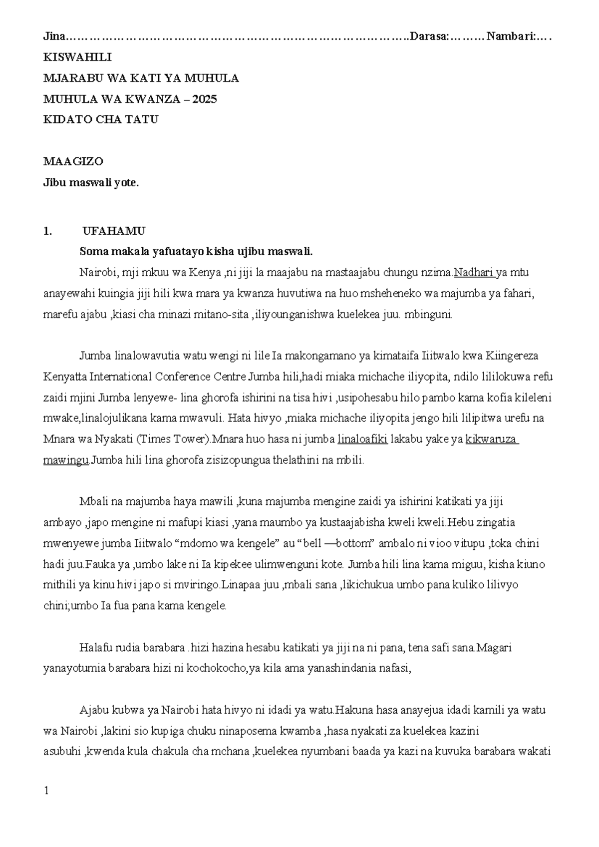 KISWAHILI MJARABU WA KATI YA MUHULA WA KWANZA 2025 KIDATO CHA TATU ...