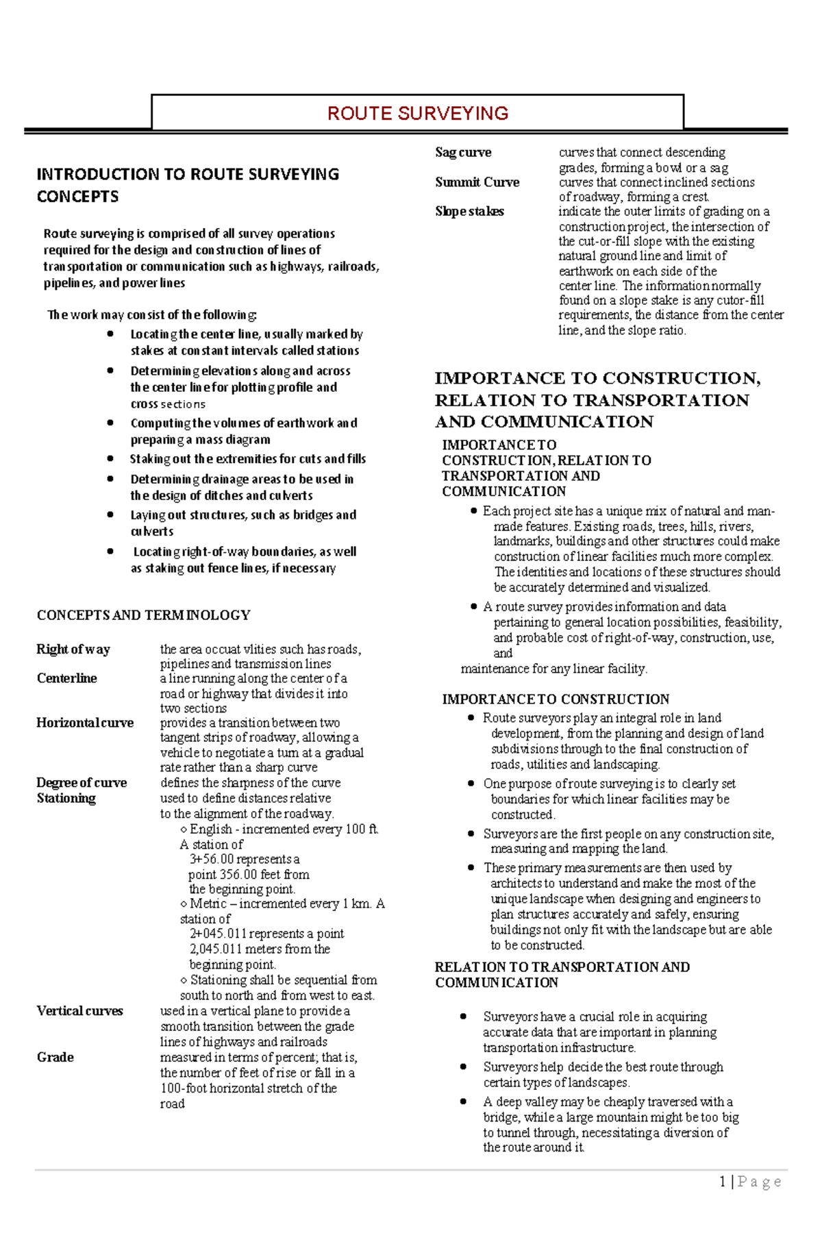 1. DAY 1 - Route Surveying - INTRODUCTION TO ROUTE SURVEYING CONCEPTS ...