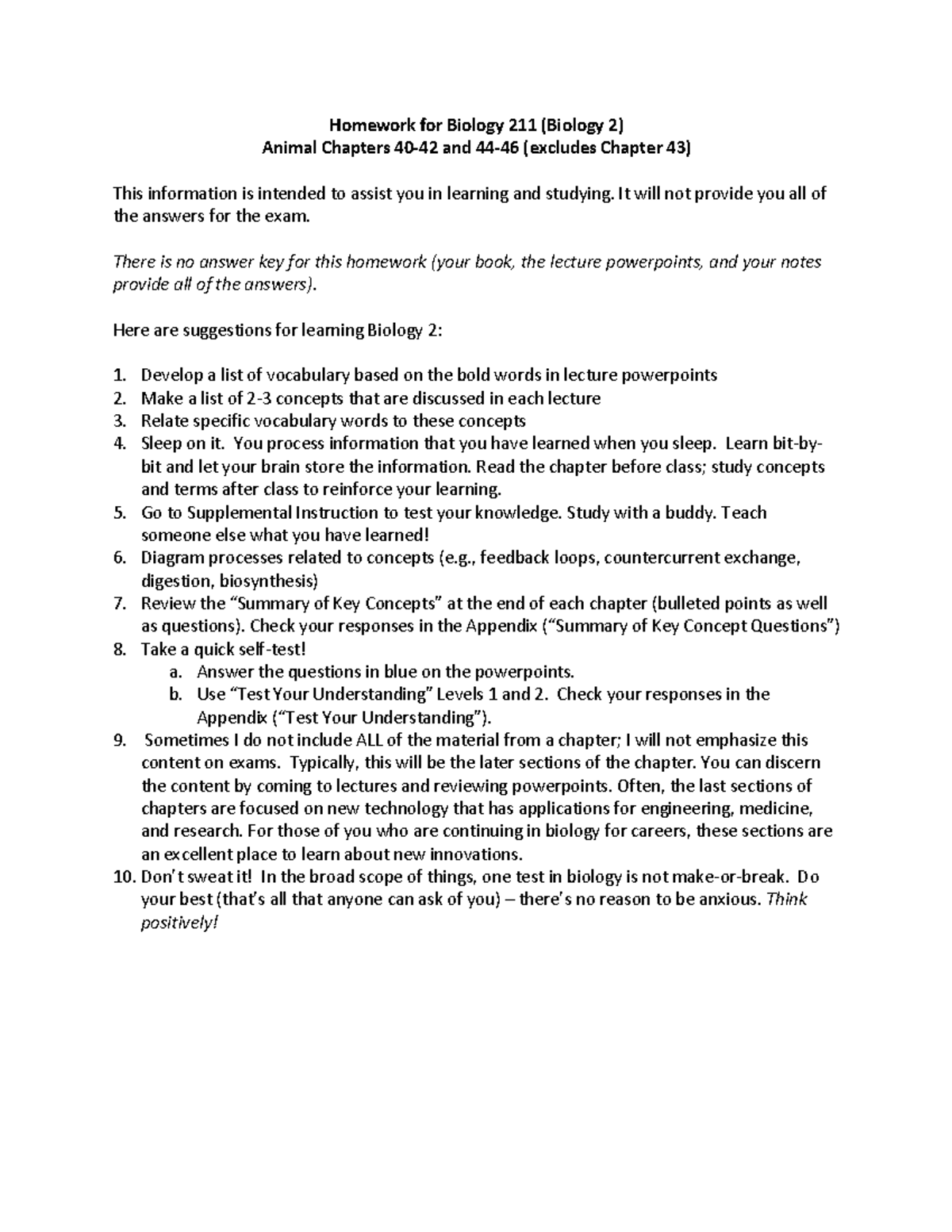 Assignments for Animal Chapters - Homework for Biology 211 (Biology 2 ...