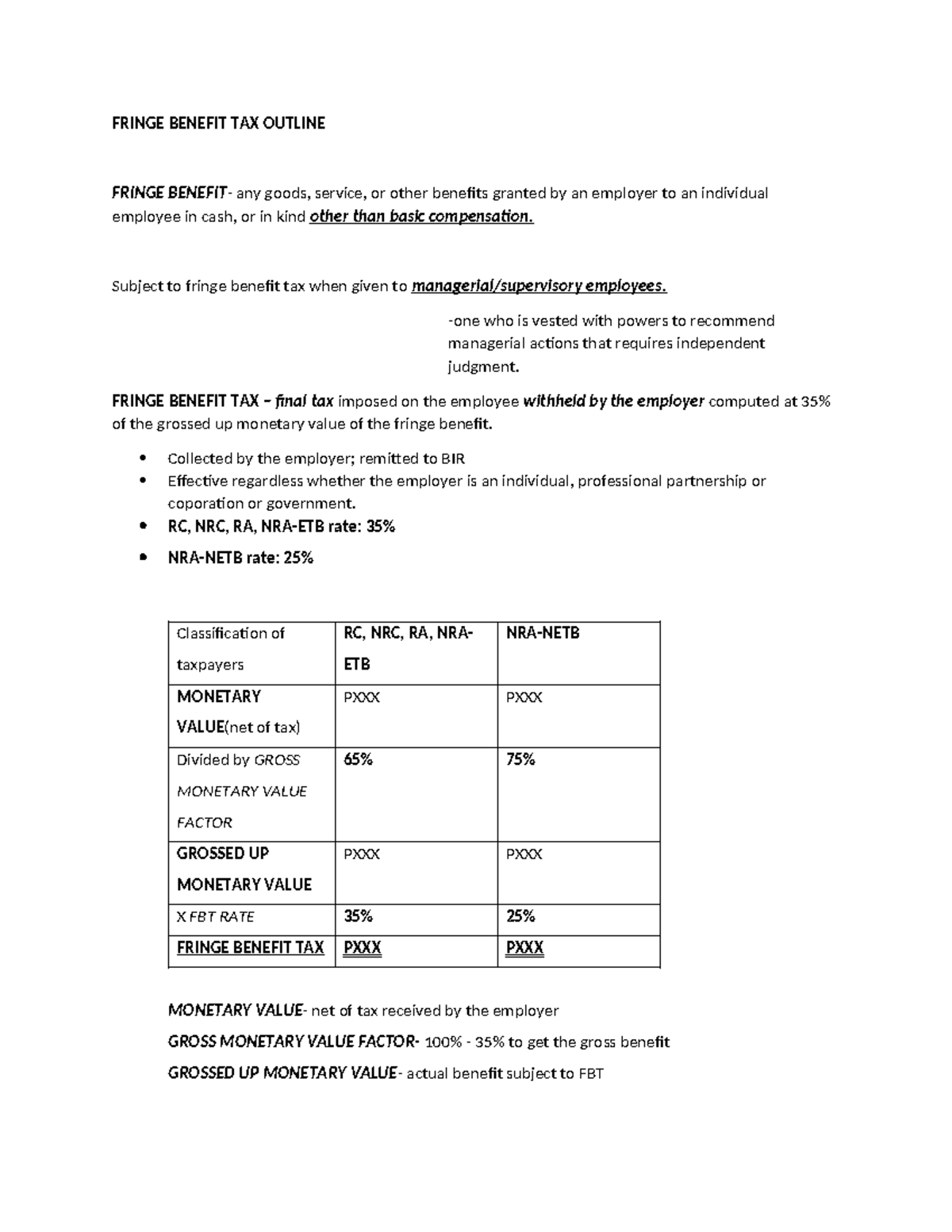 Fringe Benefit Tax (FBT) Outline: Key Concepts & Classification - Studocu
