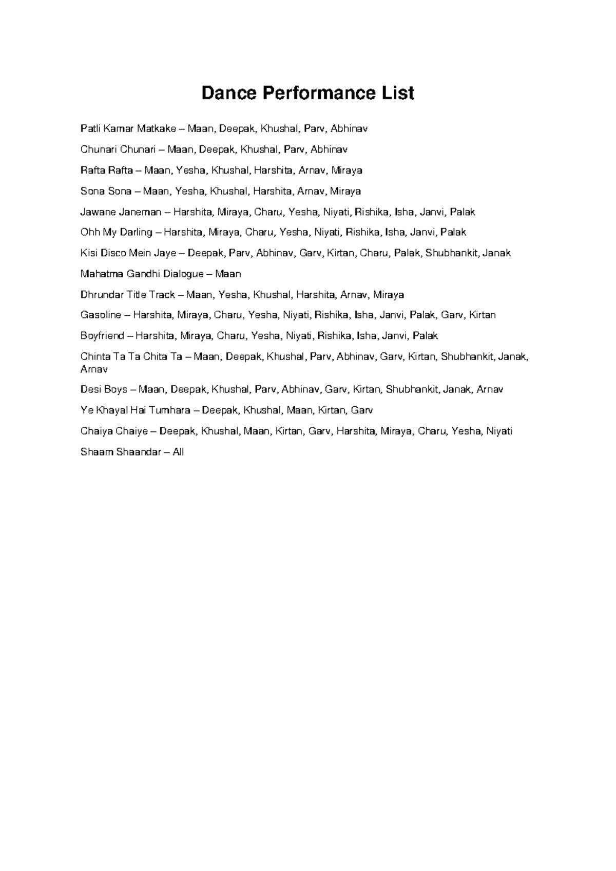 Dance Performance List - Complete Roster of Participants - Studocu