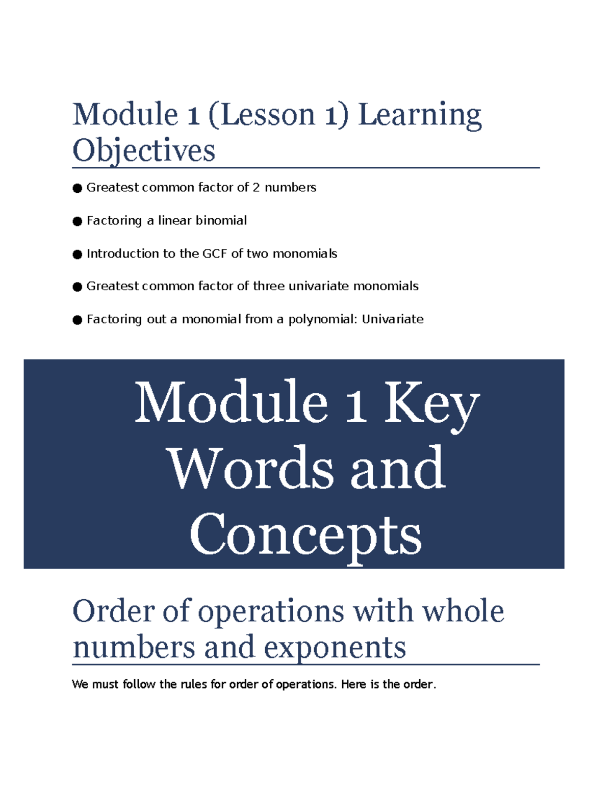 Module 1 (Lesson 1-3) Learning Objectives: GCF & Factoring Techniques ...