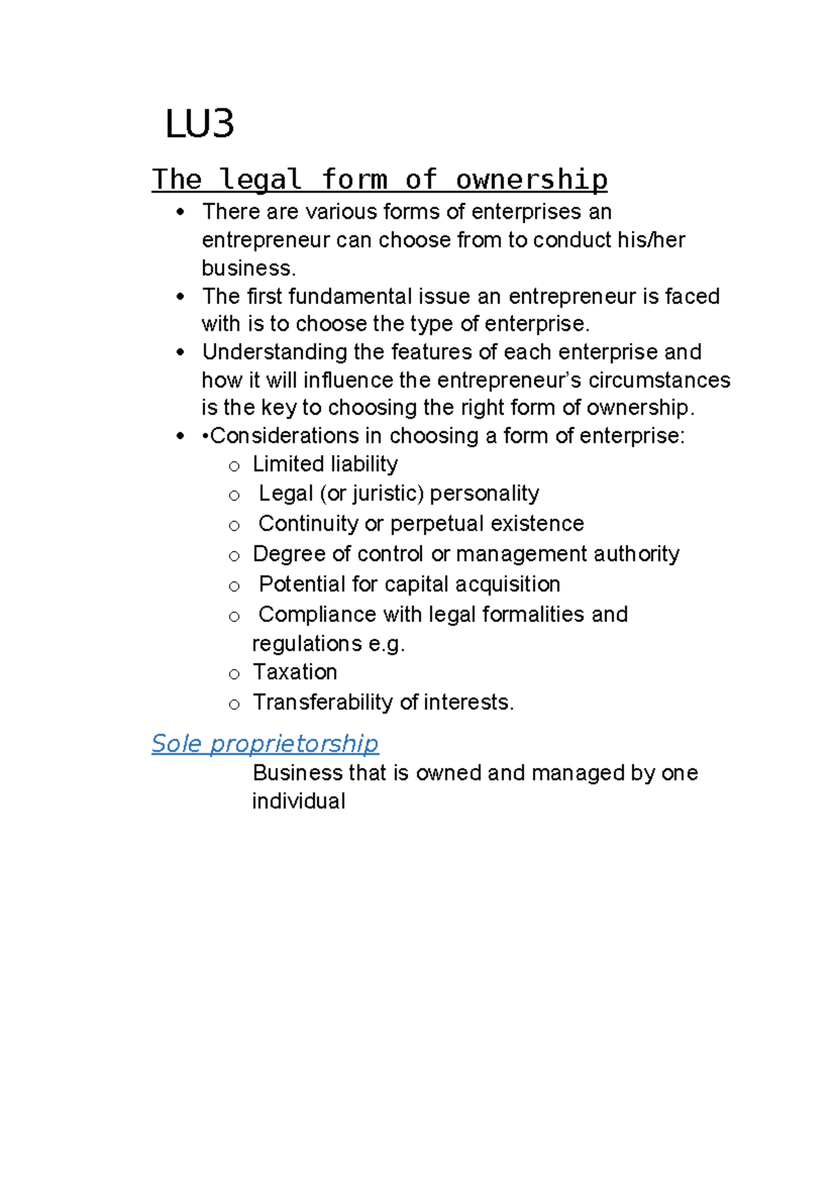 LU3 - Understanding Legal Forms of Business Ownership - Studocu