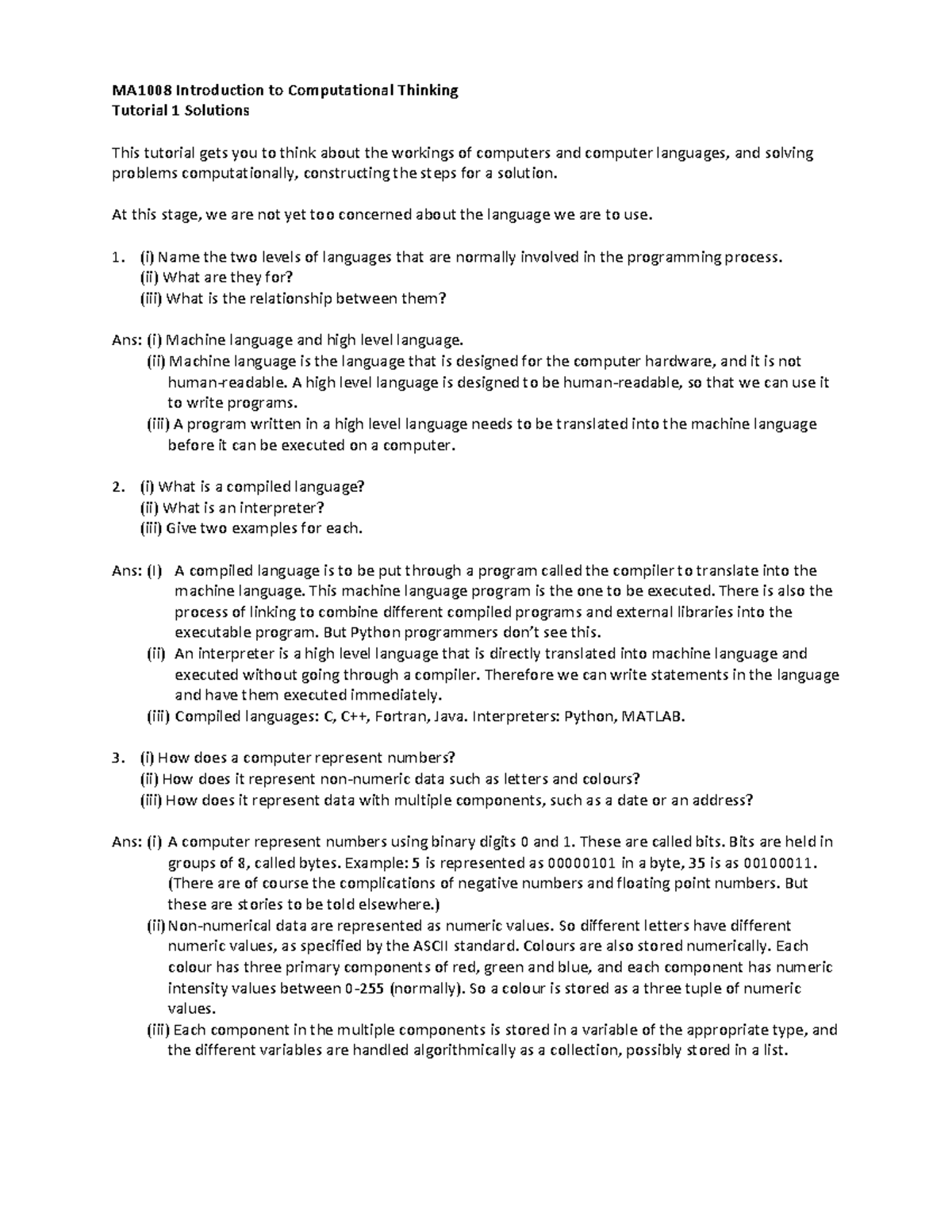 Week 2 Tutorial Solutions Ma1008 Introduction To Computational Thinking Tutorial 1 Solutions