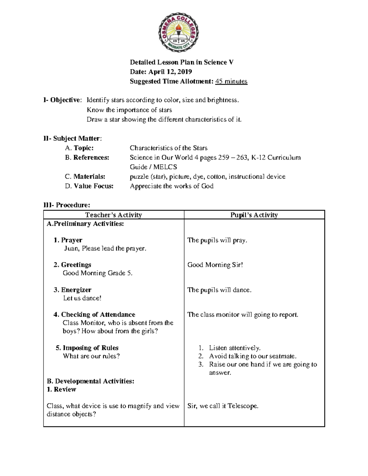 Detailed Lesson Plan: Characteristics of Stars (Science 5) - Studocu