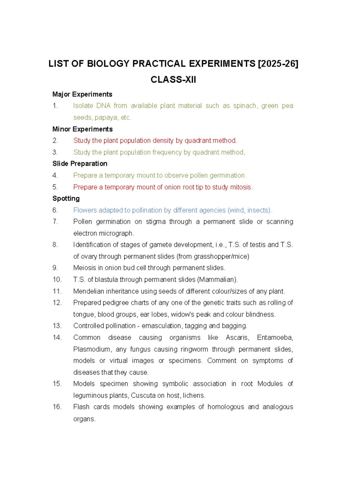 LIST OF BIOLOGY PRACTICAL EXPERIMENTS - Class XII [2025-26] - Studocu