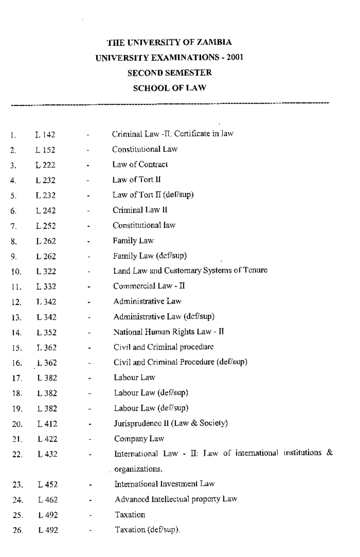 Law 2001 UNZA Past Papers Compilation for Exam Preparation - Studocu