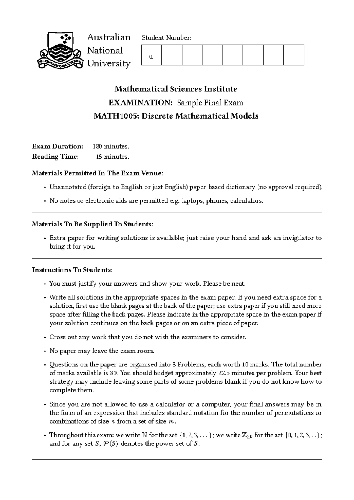 MATH1005 Sample Final Exam - Discrete Mathematical Models 2026 - Studocu