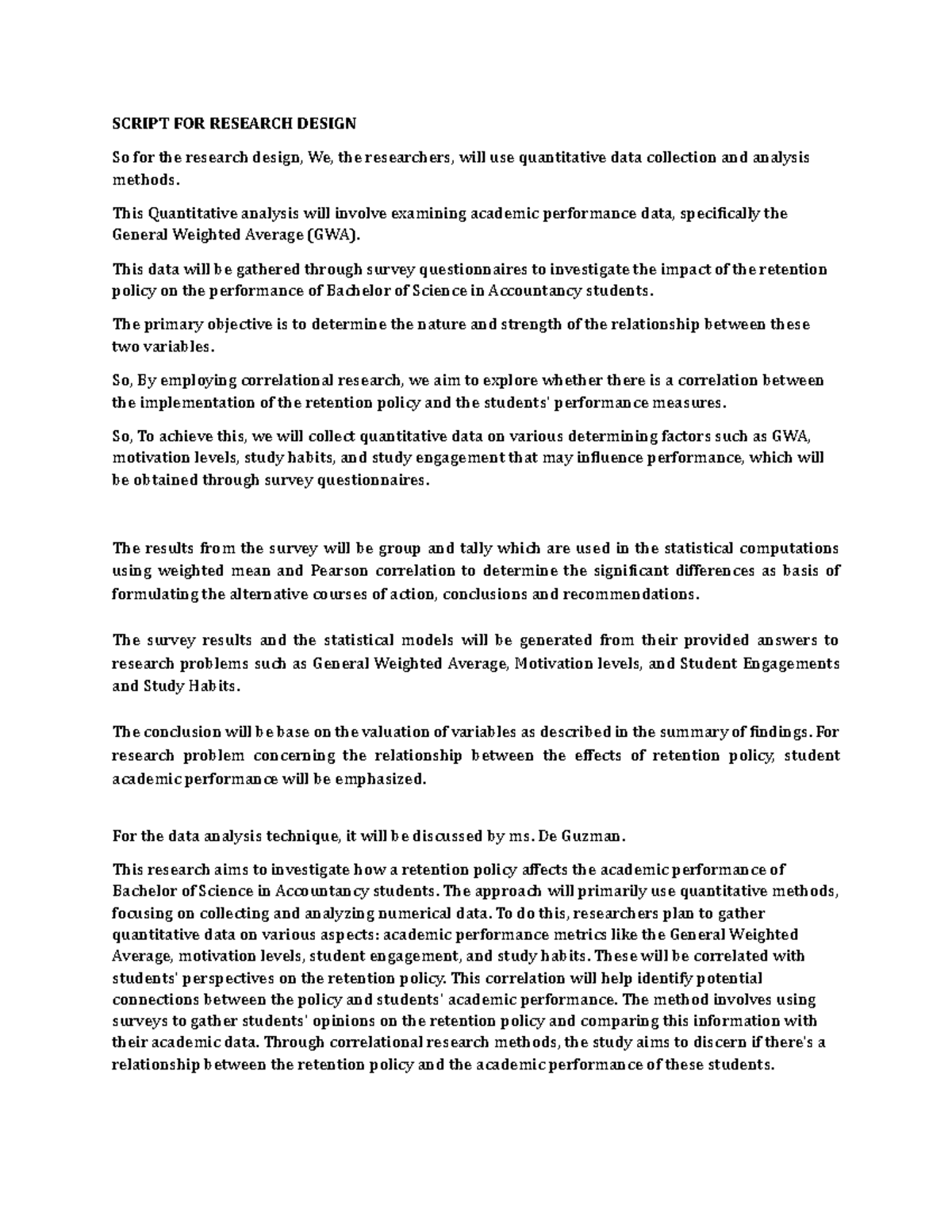 Research Design Script: Correlational Study on Retention Policy Impact ...