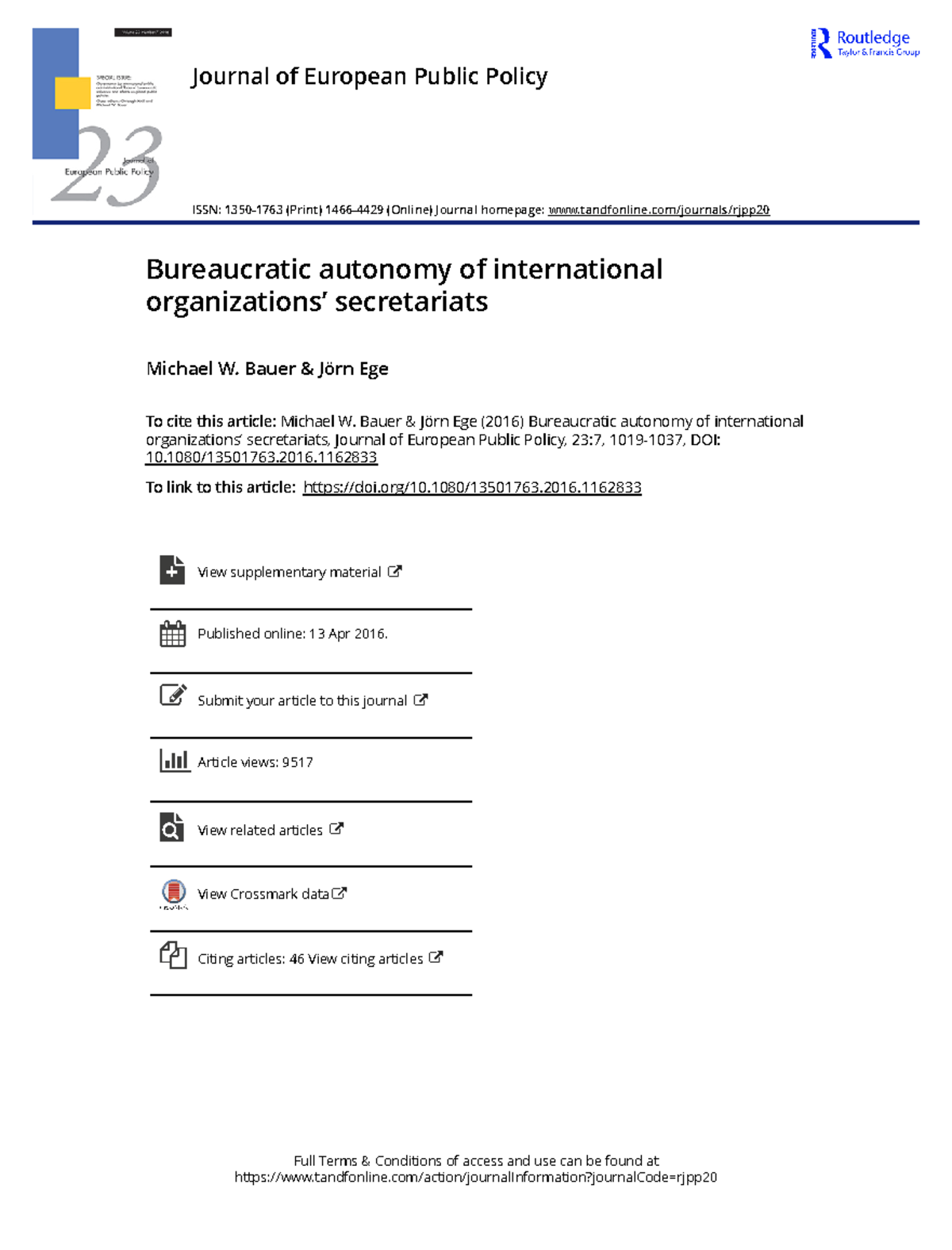 Bureaucratic Autonomy in International Org. Secretariats: A Study ...