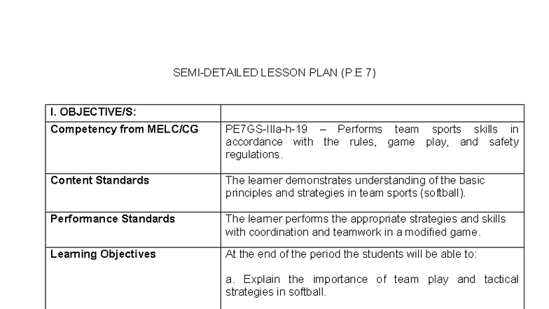 Detailed Lesson Plan: Softball Team Play & Strategies (P.E 7) - Studocu