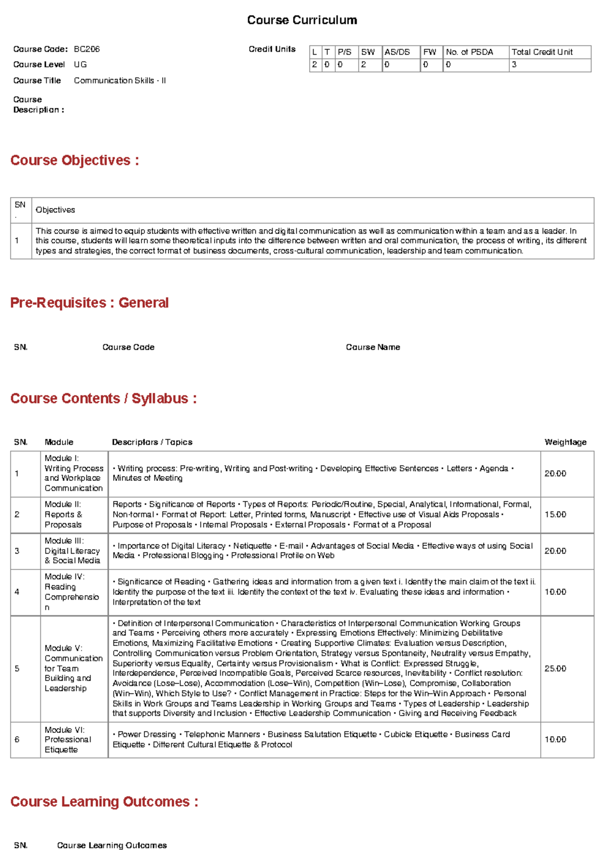 Communication Skills II Course BC206 Curriculum Overview - Studocu