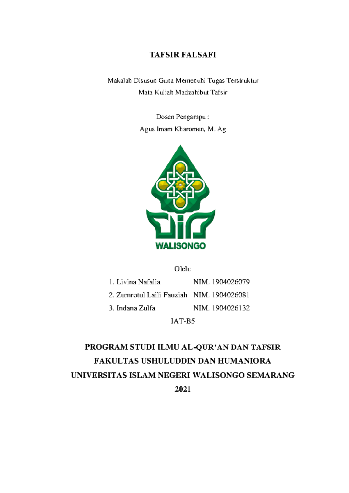 Tafsir Falsafi: Analisis dalam Perspektif Madzahibut Tafsir IAT-B - Studocu