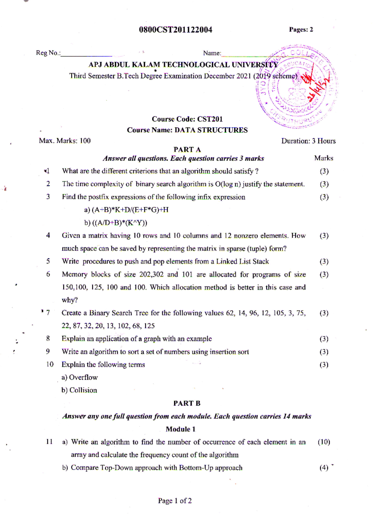 CST201 DATA Structures, December 2021 - 0800csT201122004 Pages: 2 Reg No.: Max. Marks: 100 ...