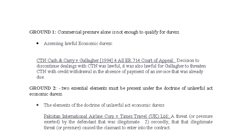 Economic Duress Analysis: Grounds for Skeleton - Moot Case Study - Studocu