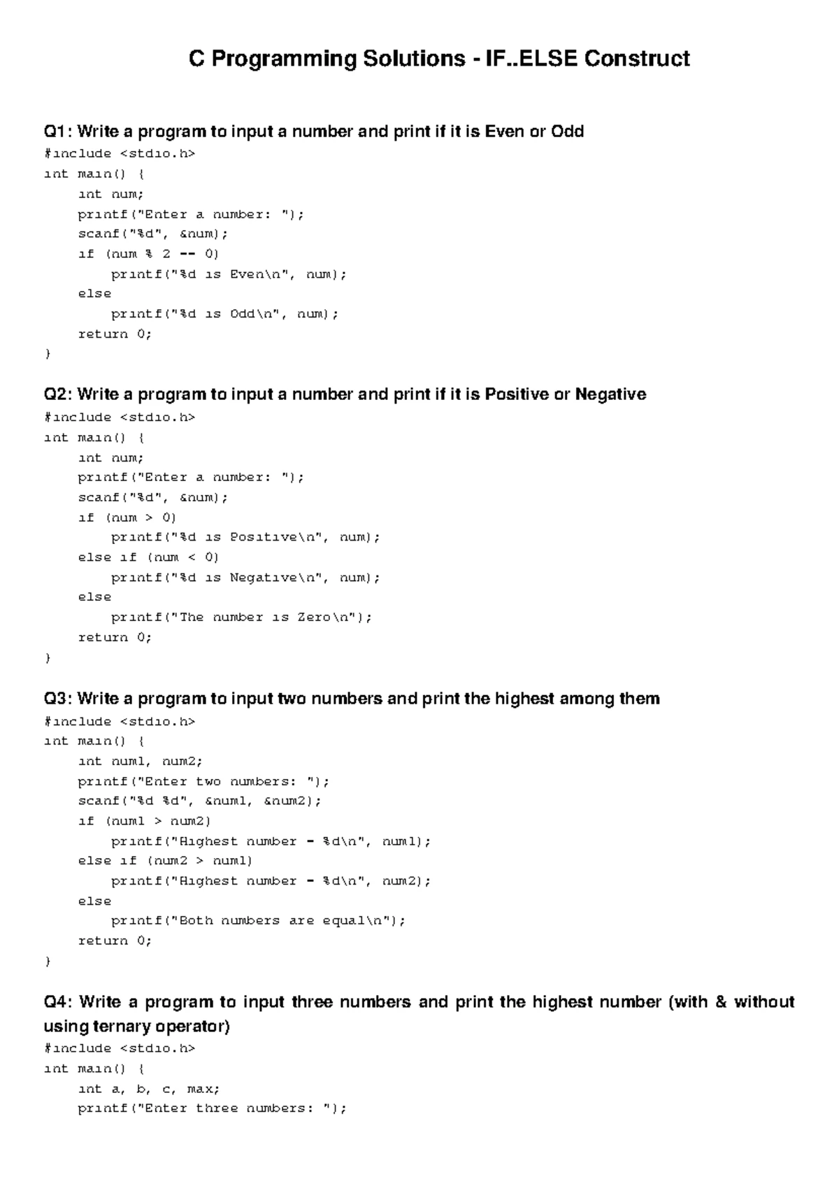 C Programming Switch Solutions - C Programming Solutions - SWITCH CONTROL Q1: Write a program to ...