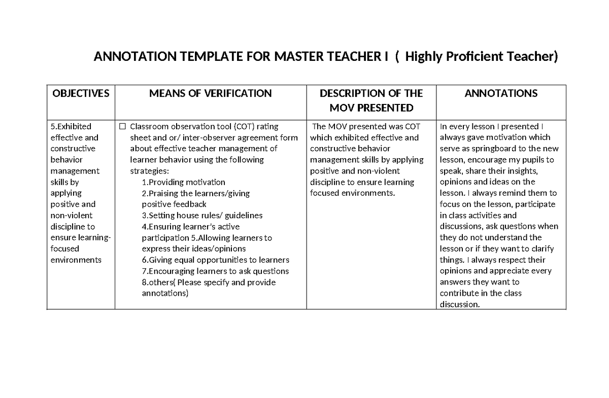 Annotation Template for Master Teacher I: Effective Behavior Management ...