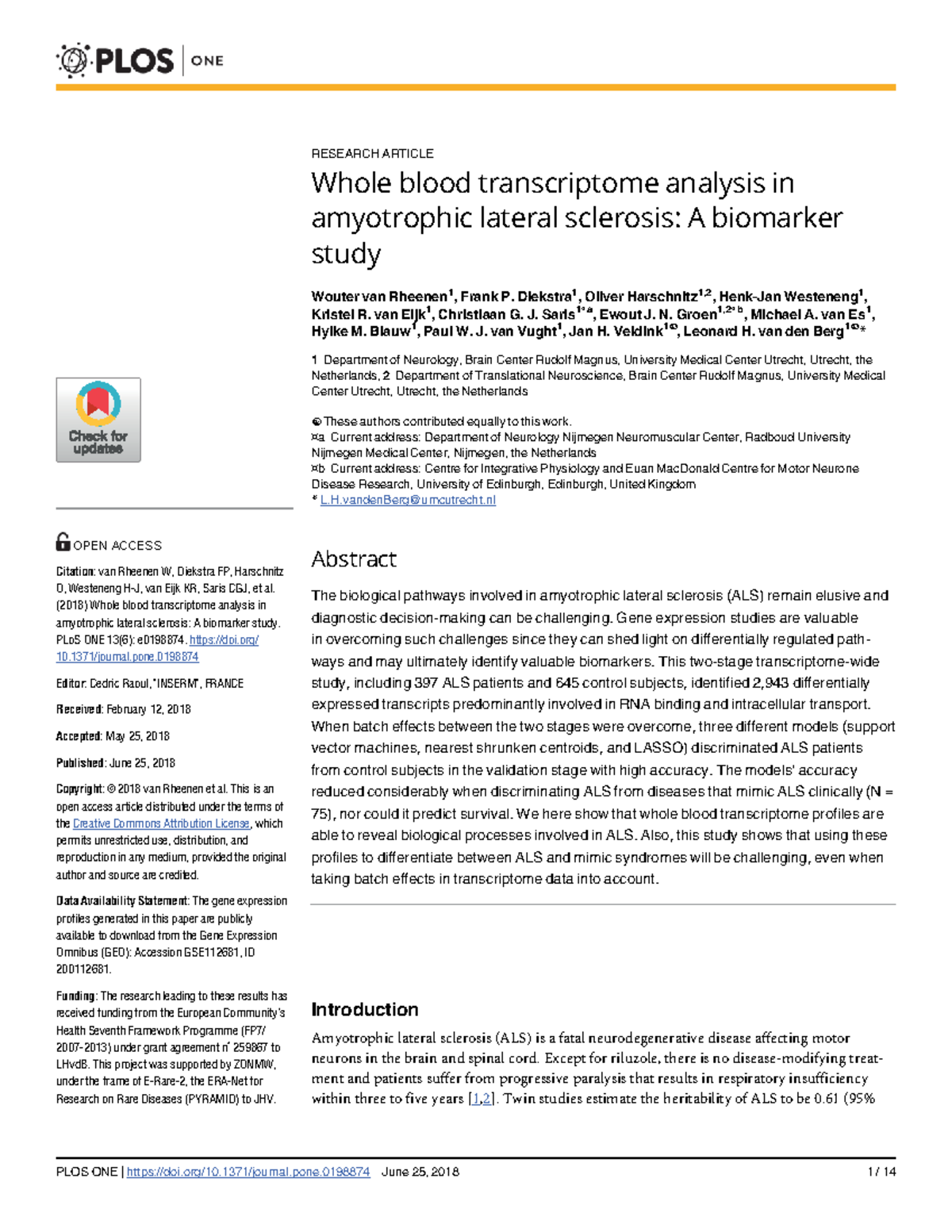 Gene Expression Biomarkers in ALS: Whole Blood Transcriptome Study ...