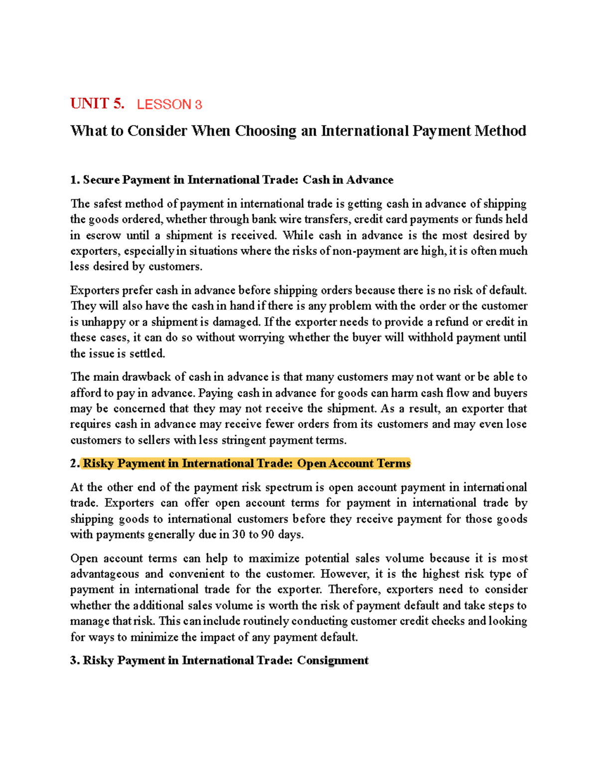 UNIT 5: International Payment Methods Overview - L3 - Studocu