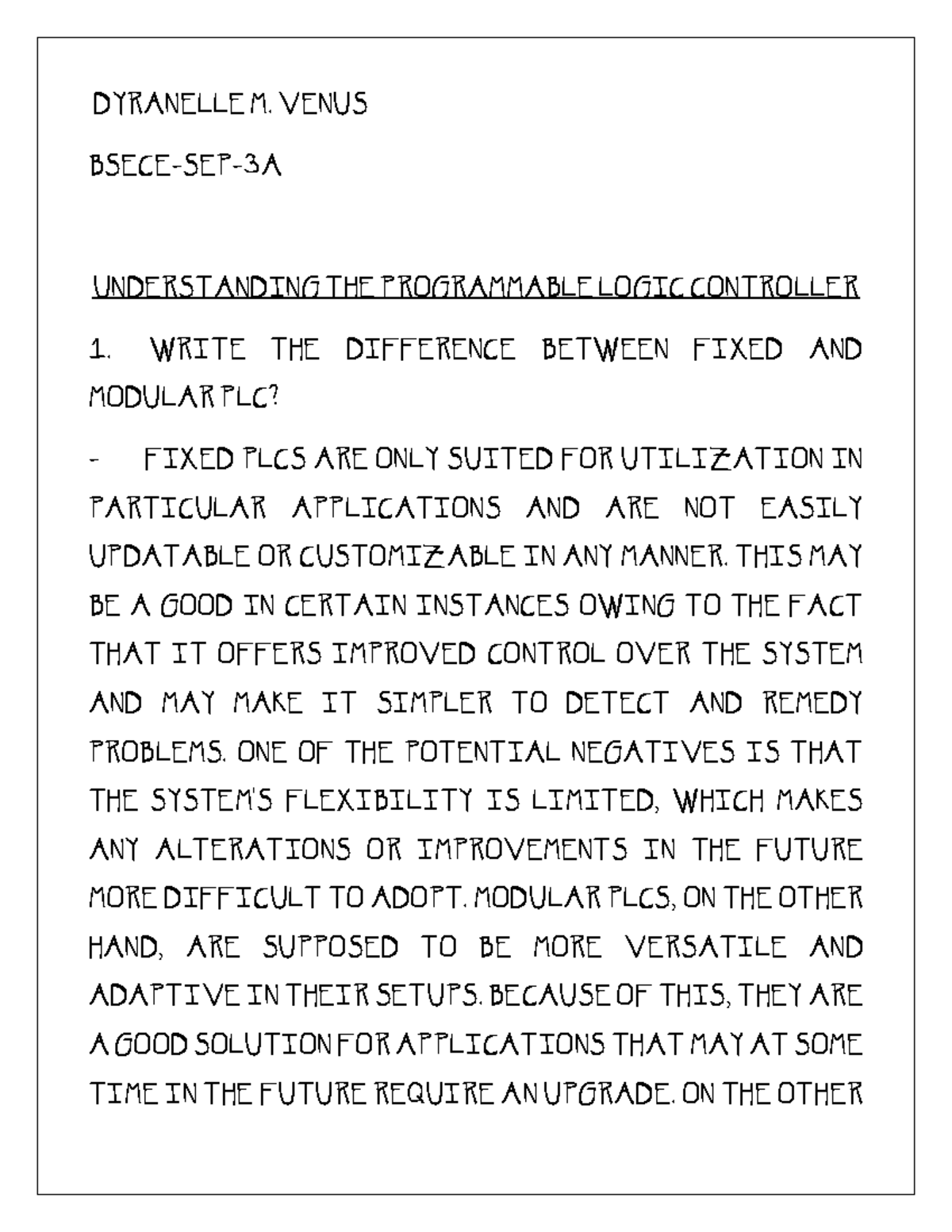 Laboratory Activity 2 PLC and its Application Venus - DYRANELLE M ...