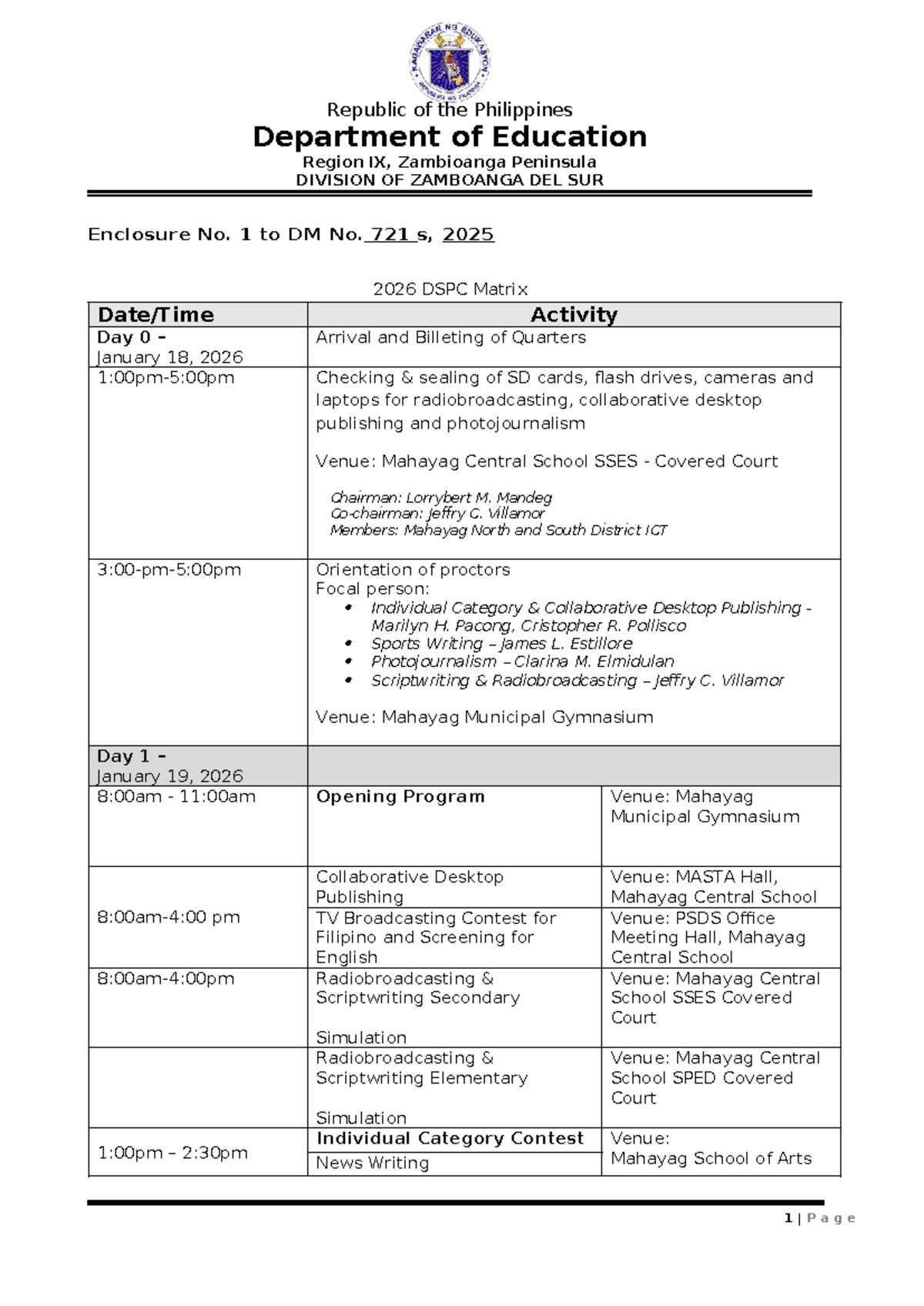 Pinakafinal DSPC 2026 Matrix: Activities & Schedule Overview - Studocu