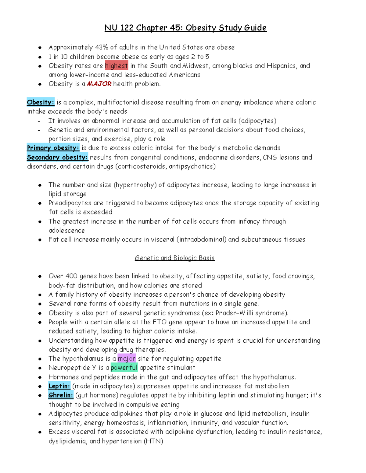 NU 122 Final Exam: Comprehensive Study Guide on Obesity and Health ...
