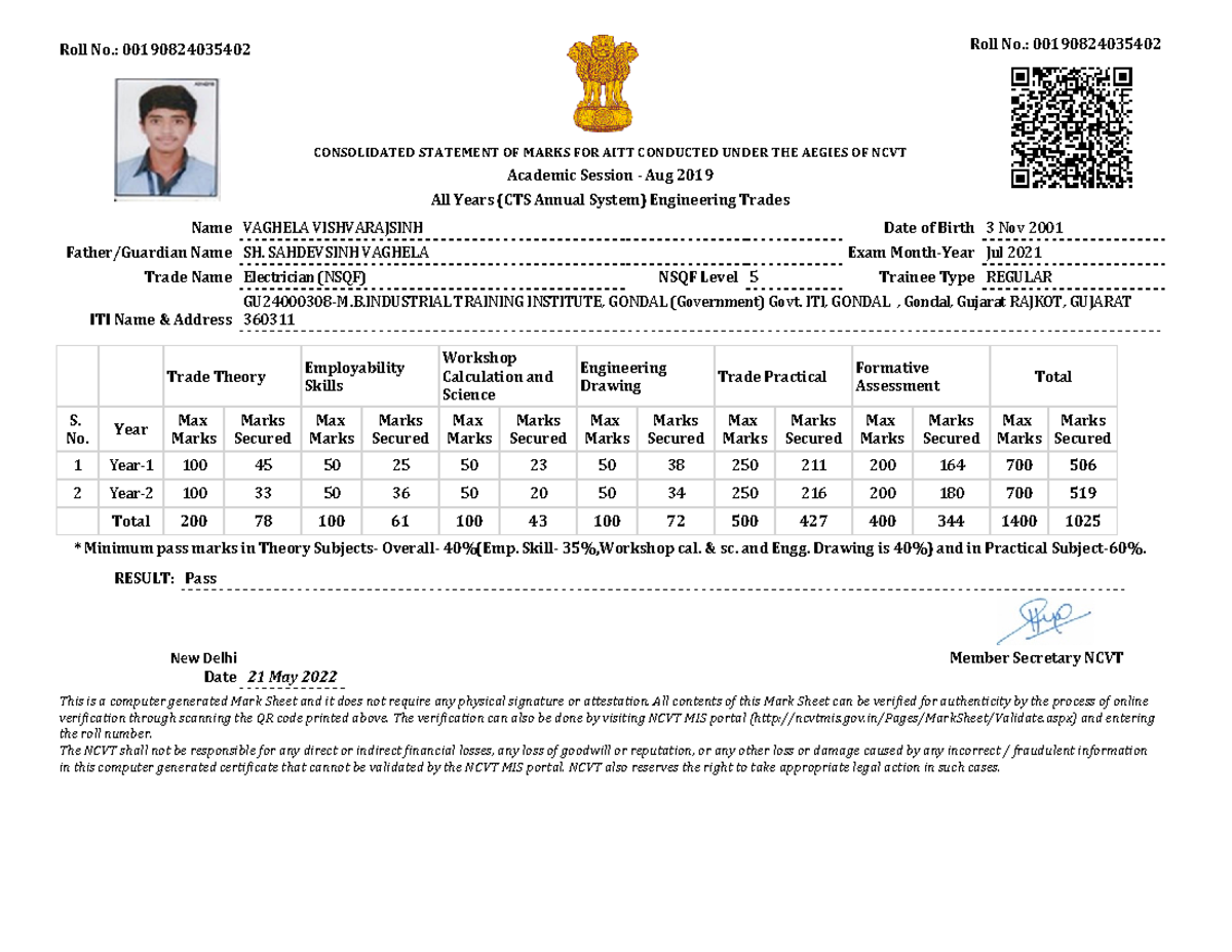 Consolidated Marks Statement for ITI Electrician (NSQF Level 5) - Studocu