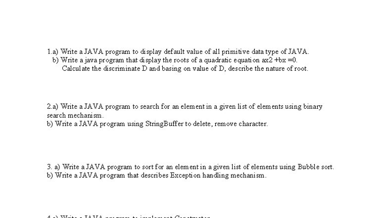 JAVA External Lab Questions: Comprehensive Programming Tasks - Studocu